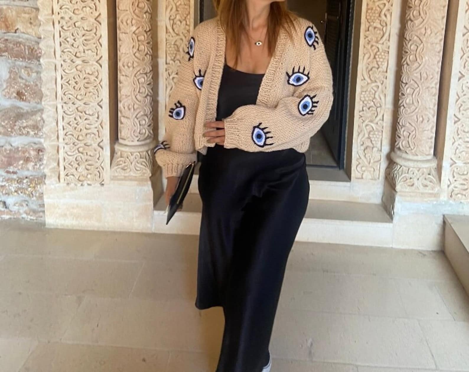 Evil Eye Bead Cardigan Chunky Knit Nazar Jacket Knitted 3D Turkish Evil ...