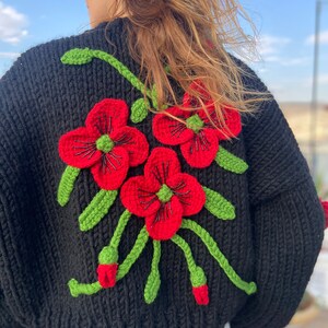 Poppy Cardigan | Handmade Poppies Jacket | Knitted 3D Poppy Sweater ...