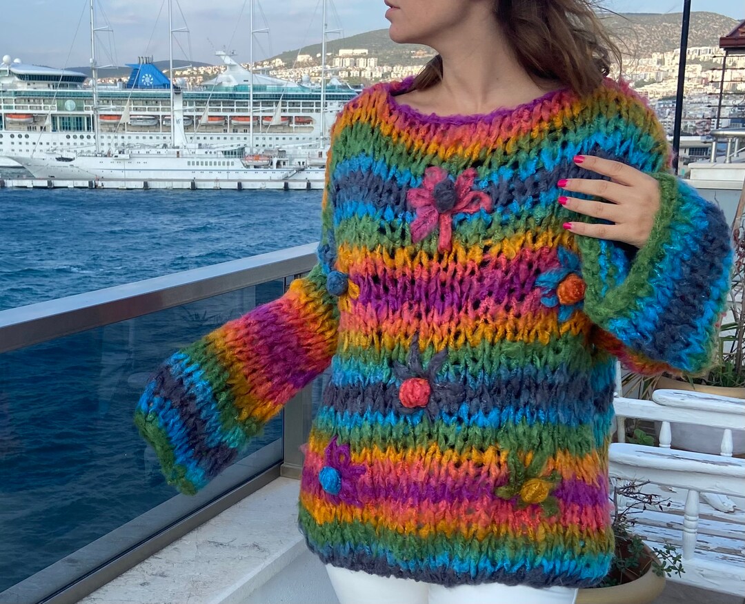 Striped Rainbow Jumper Chunky Colourful Stripes Jumper Knitted Sweater ...