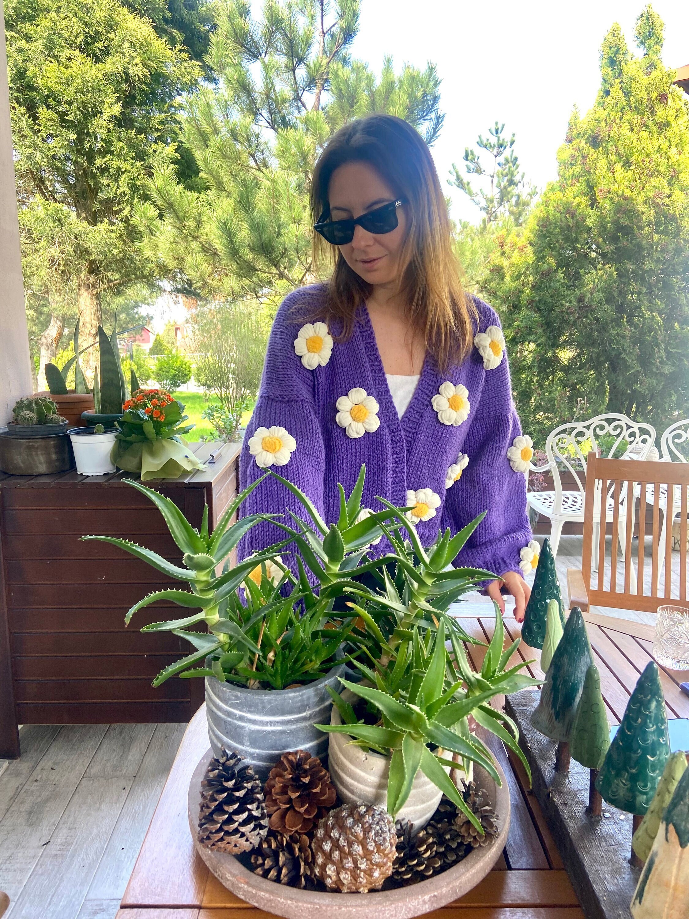 Purple Daisy Knit Cardigan | Handmade Floral Sweater | Bloom Purple Daisy Knit Cardigan | Handmade Floral Sweater | Bloom