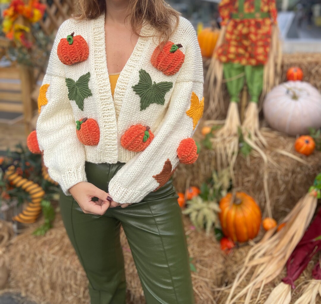 Pumpkin Cardigan | Chunky Handmade Autumn Sweater | Fall Leaves Knit ...