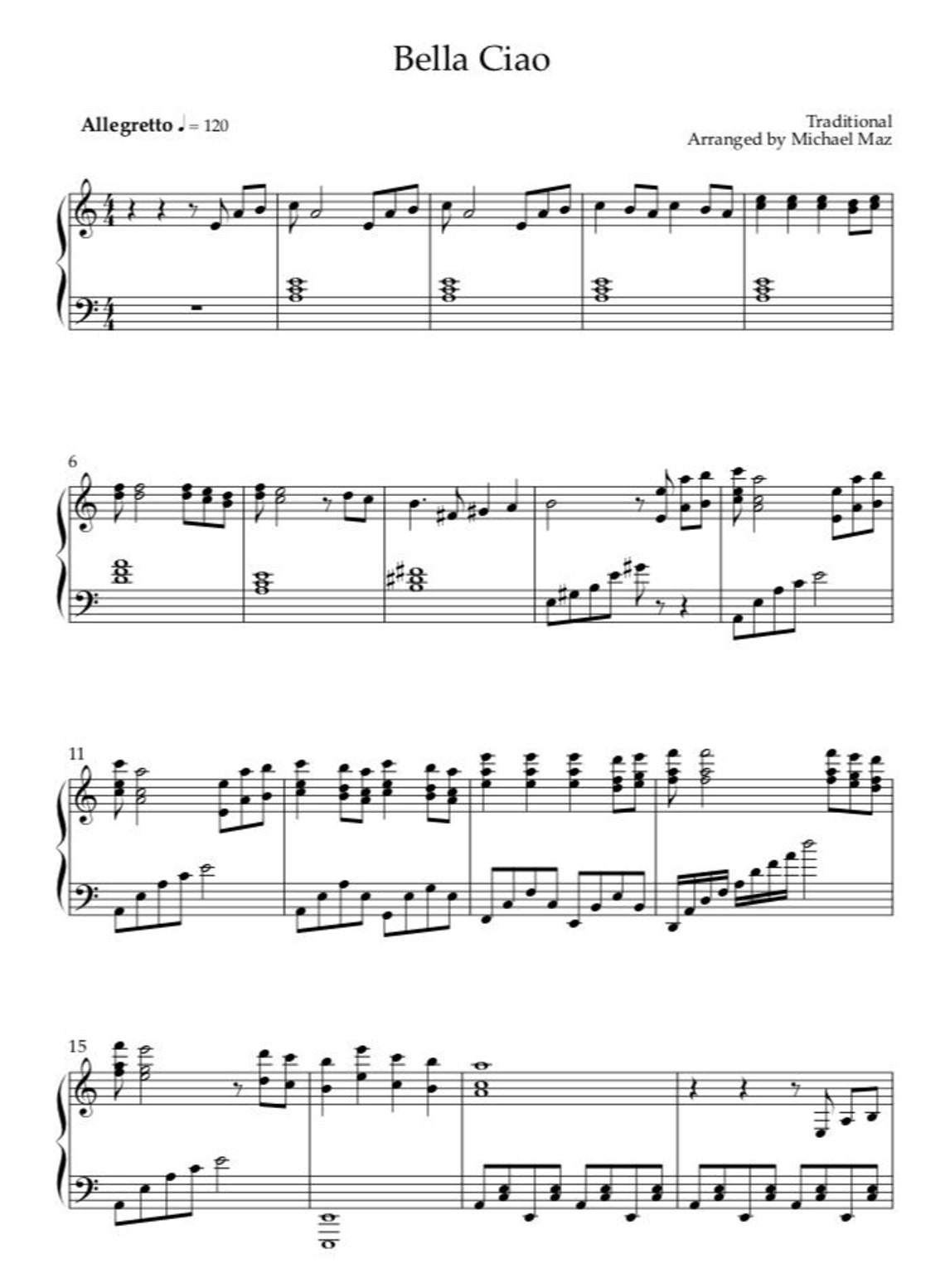 Bella Ciao - Piano Sheet Music - Etsy