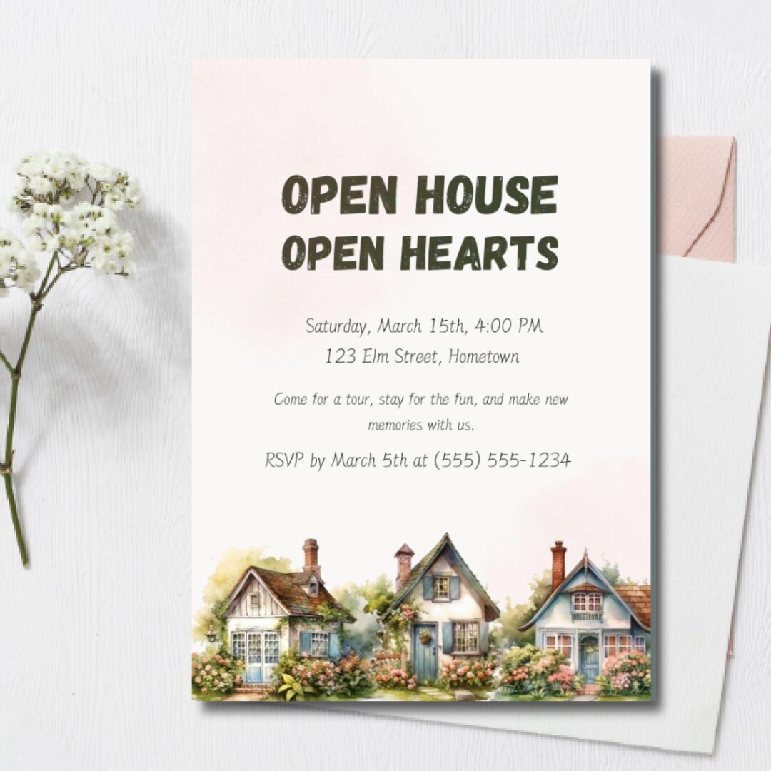 Open House, Open Hearts Housewarming Invitation With Watercolor ...