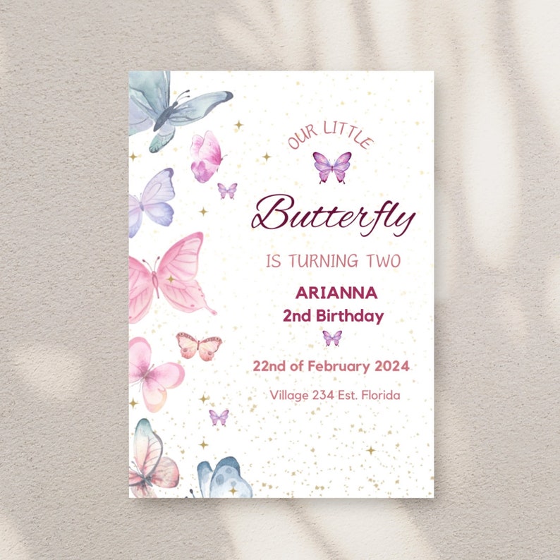 EDITABLE Side Butterfly Birthday Invitation Butterfly Watercolor ...