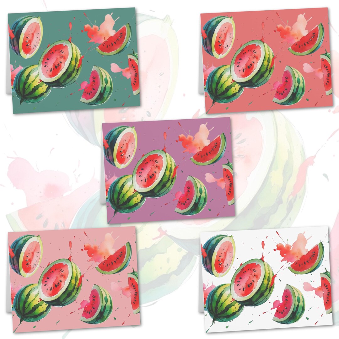 Watermelon Greeting Cards - Set of 5, Fruit Notecards, Blank Inside ...