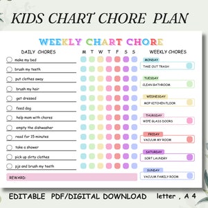 Editable Chore Chart for Kids Printable Kids Daily Weekly ...
