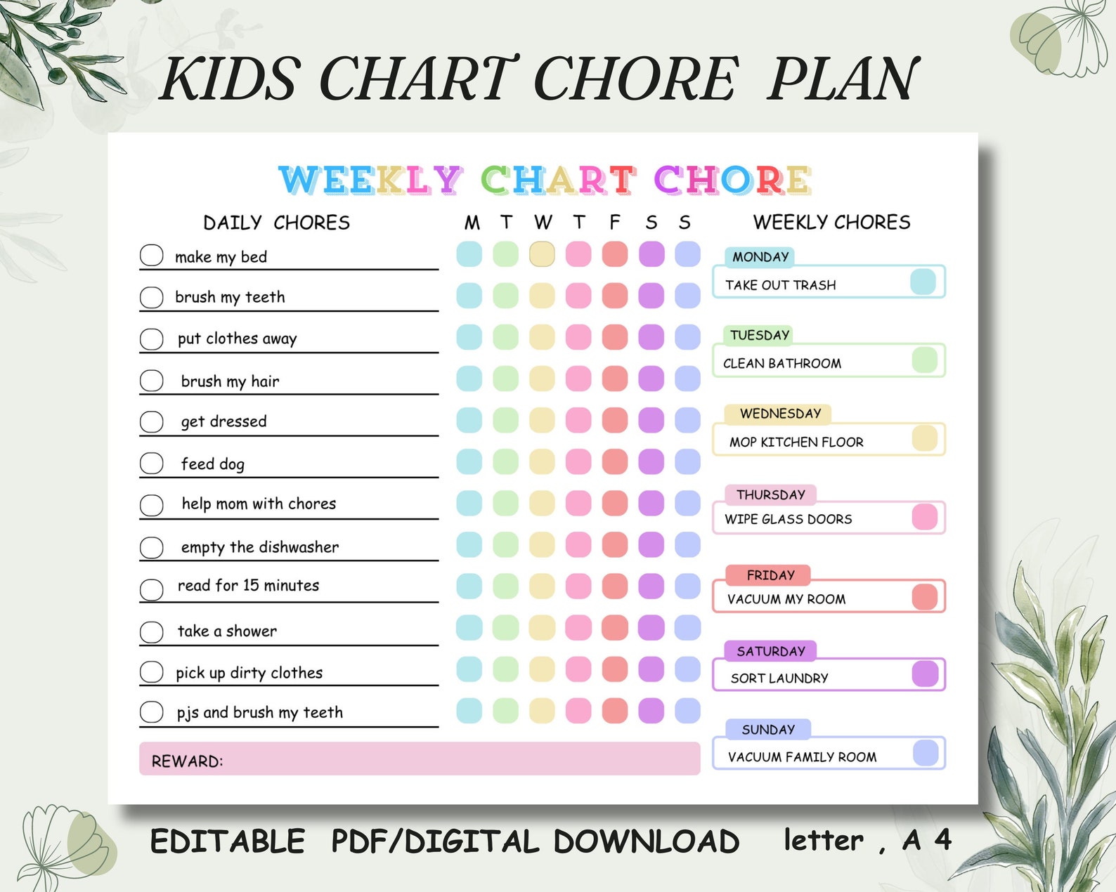 Editable Chore Chart for Kids Printable Kids Daily Weekly ...