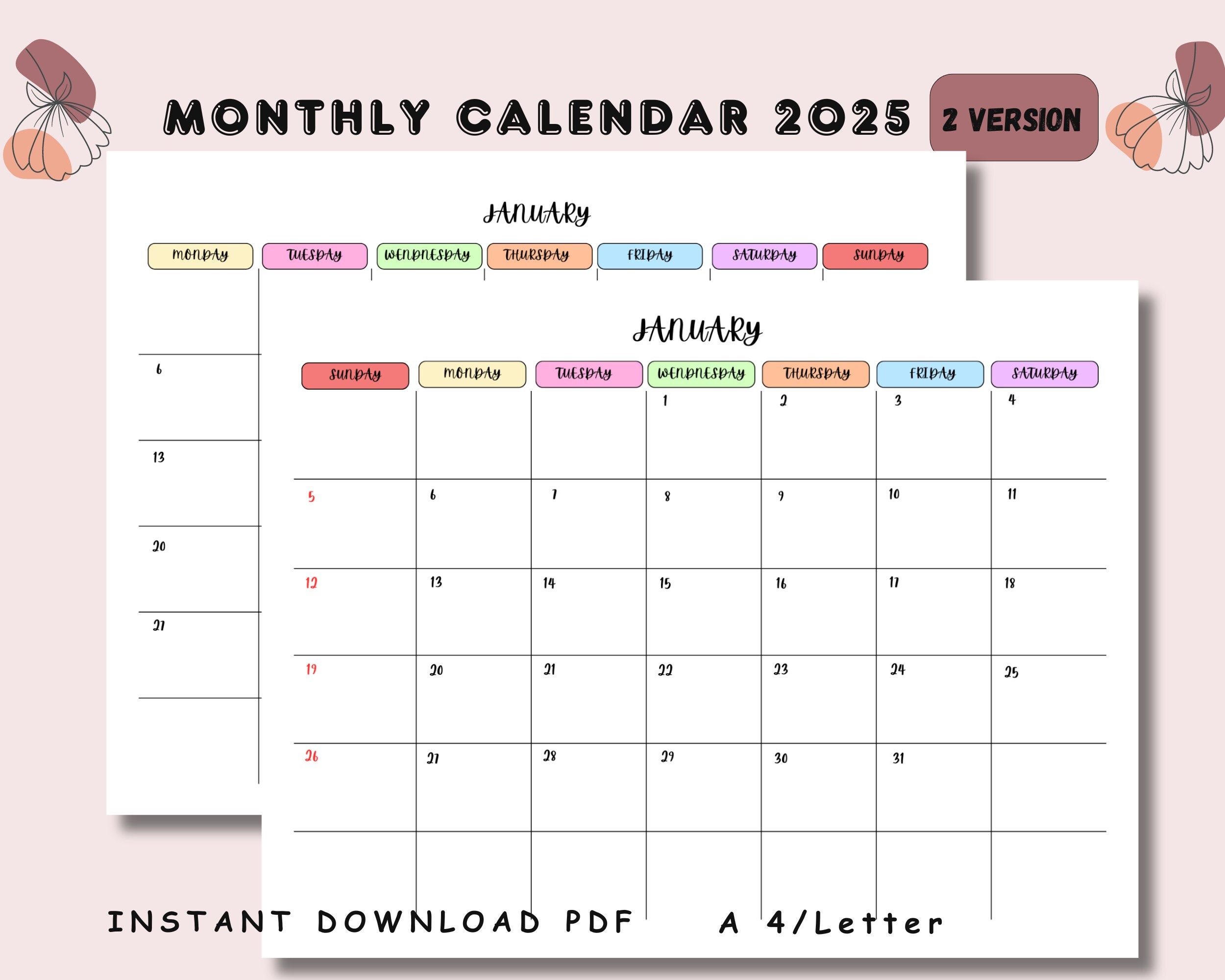 Printable Monthly Planner 2025 Minimalist Calendar Portrait Calendar ...