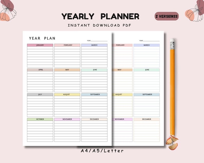 Editable Yearly Planner, Printable Yearly Overview on One Page, Year at ...