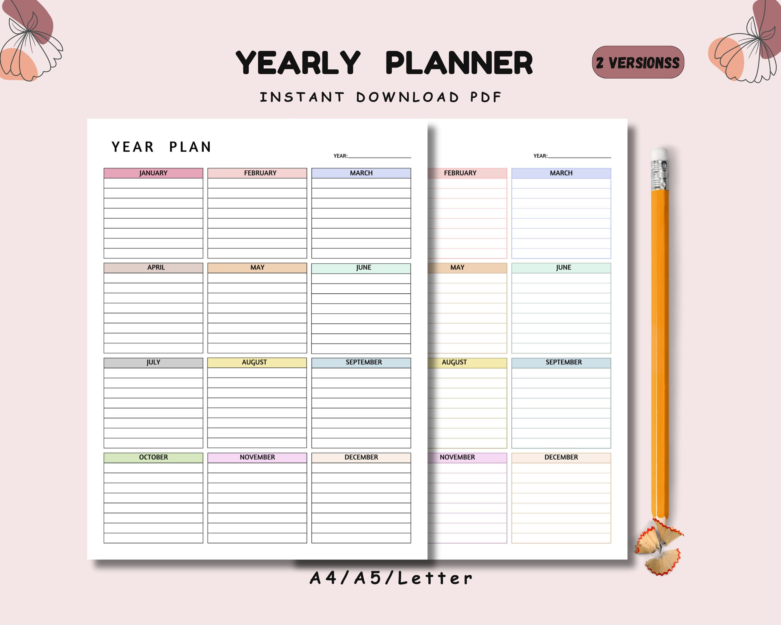 Editable Yearly Planner, Printable Yearly Overview on One Page, Year at ...