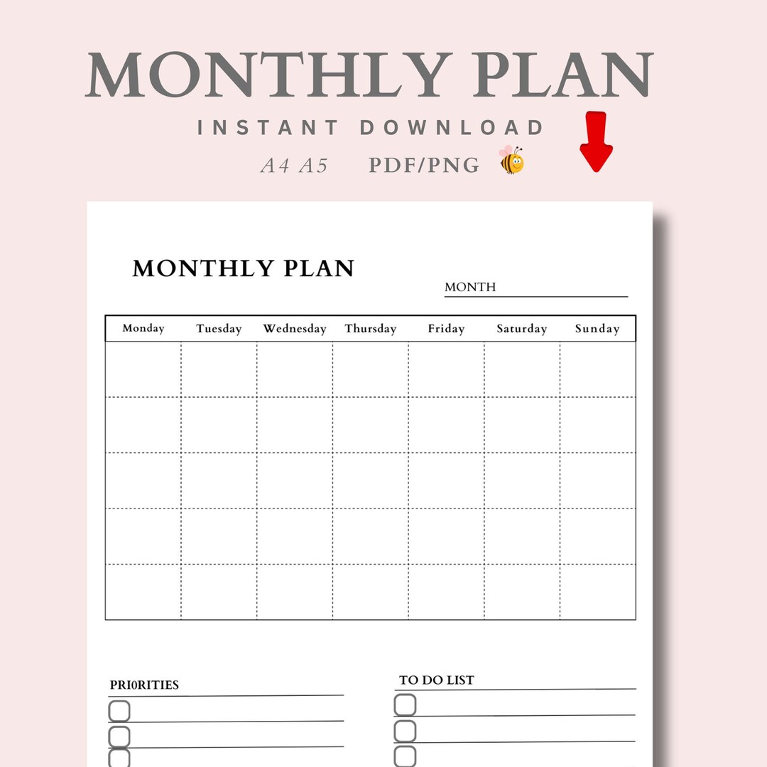 Monthly Planner Printable Monday & Sunday Start, Ink Friendly Design ...
