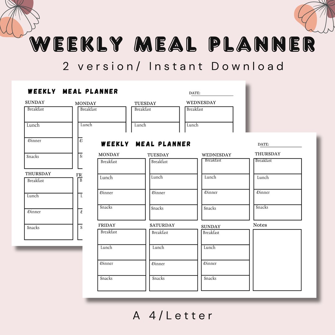 Printable Weekly Meal Planner Landscape, Food Diary, Meal Tracker, Food ...