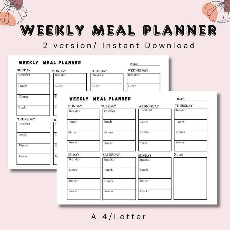 Printable Weekly Meal Planner Landscape, Food Diary, Meal Tracker, Food ...