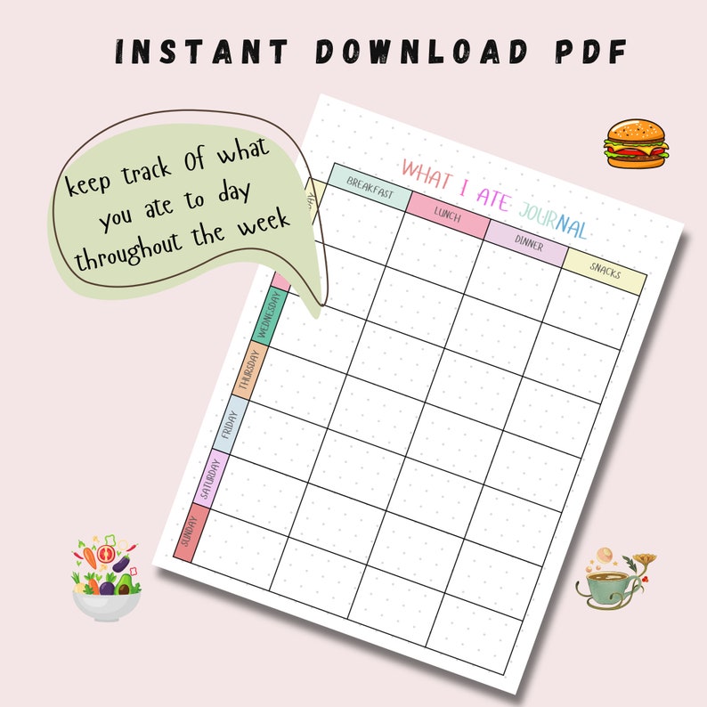 Food Diary journal Page PRINTABLE Journal Template Printable Food ...
