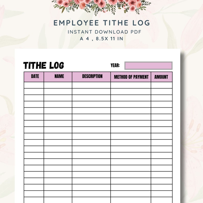 Tithe and Offering Log, Printable Tithing Record, Church Giving Log ...