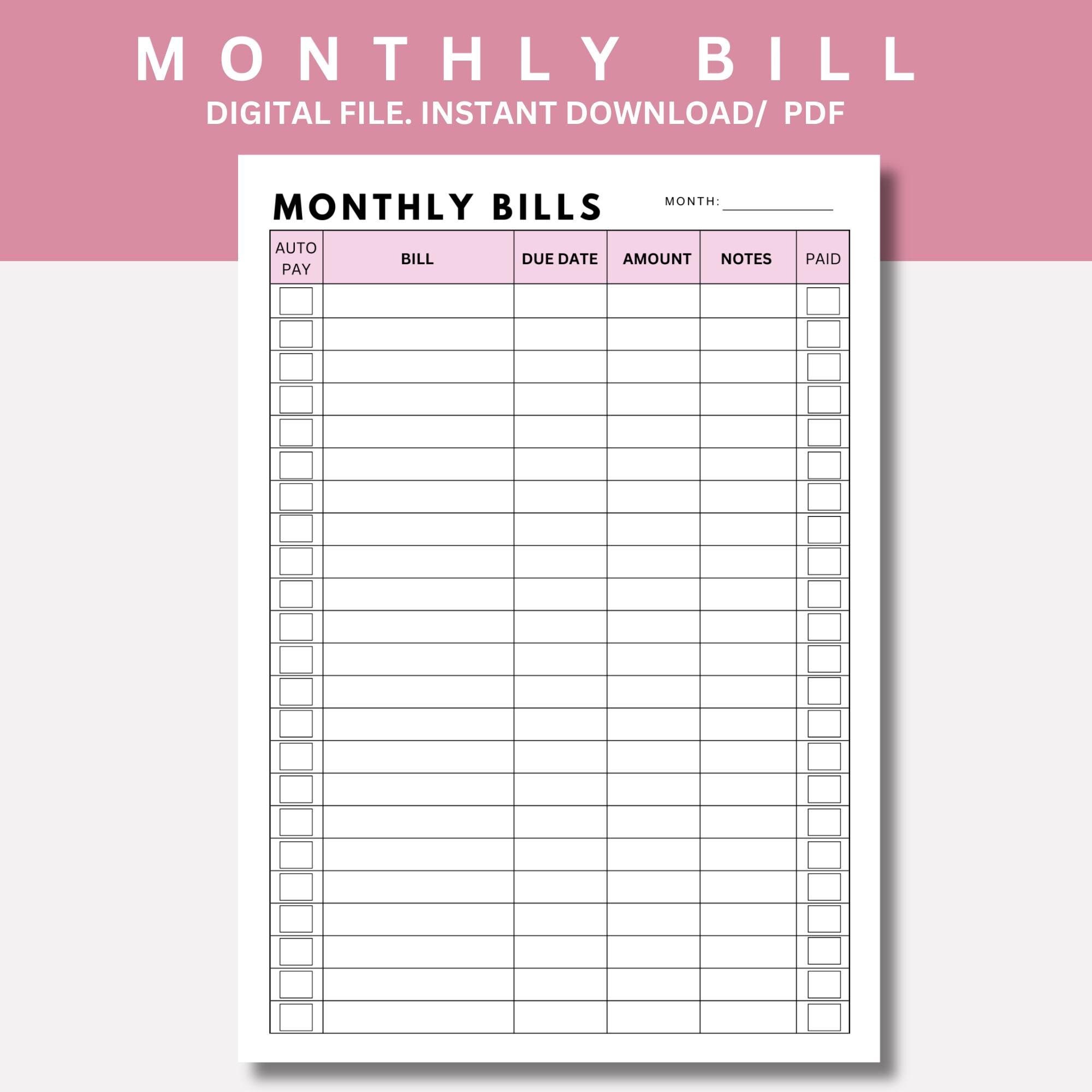 Monthly Bill Payment Tracker, Printable Bill Payment Checklist, Bill ...