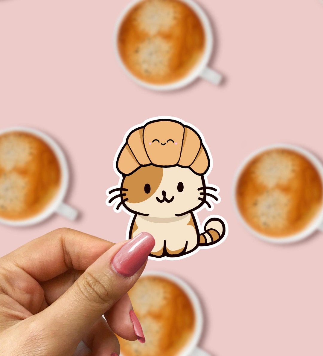 Cute Croissant Cat Sticker, Cat Lover Pastry Stickers, Funny French Cat ...