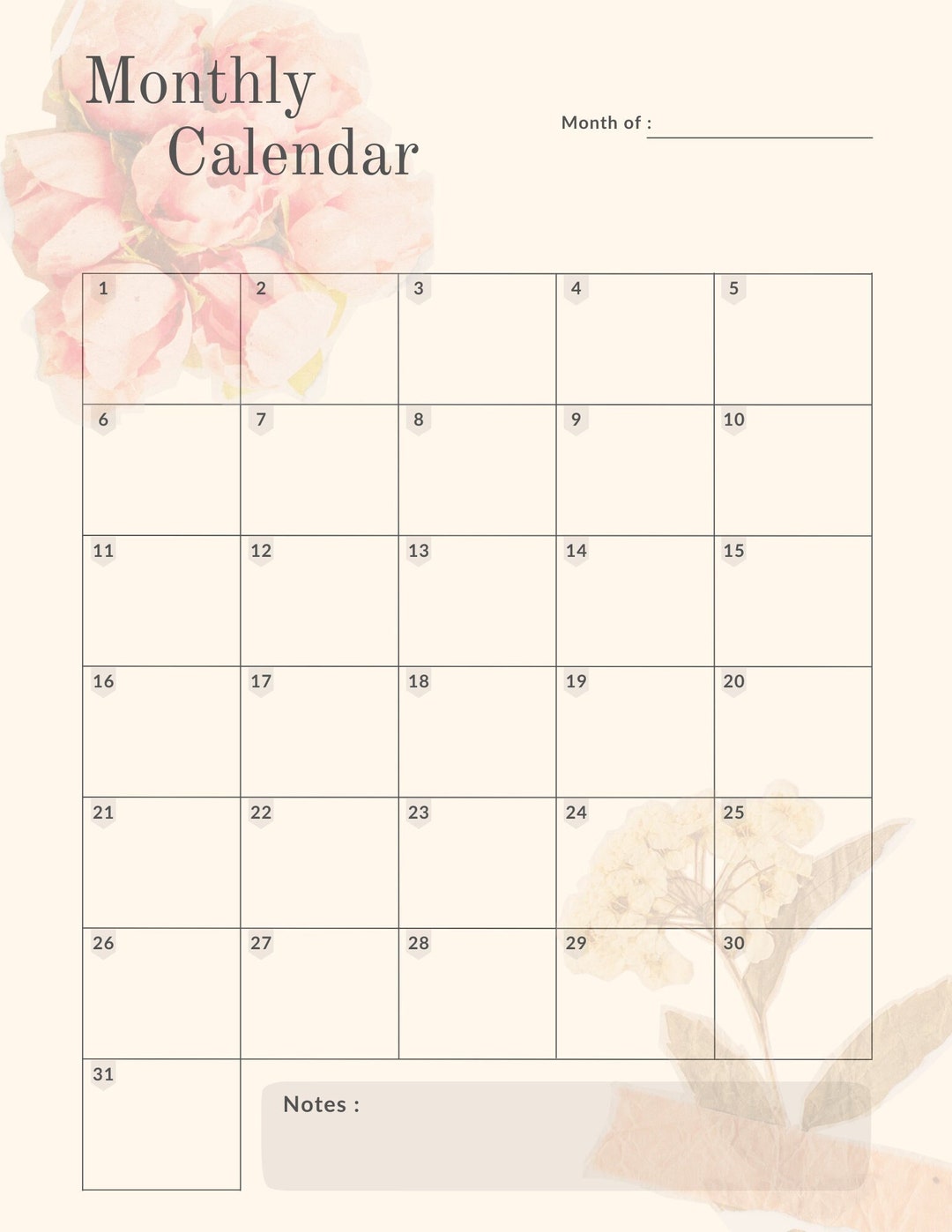 Floral Monthly Calendar, Instant Download, PDF, Printable, Coquette ...