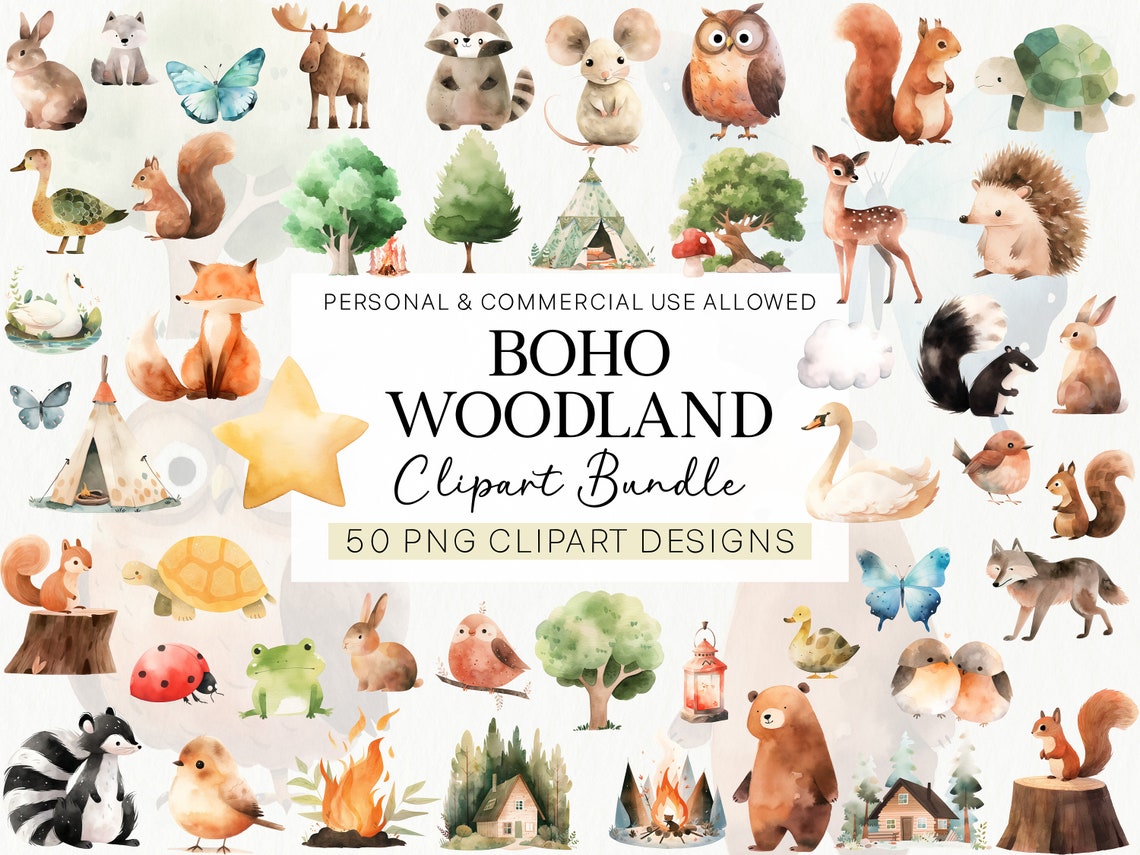 Boho Woodland Animals Baby Shower Clipart Bundle, Watercolor Clip Art ...