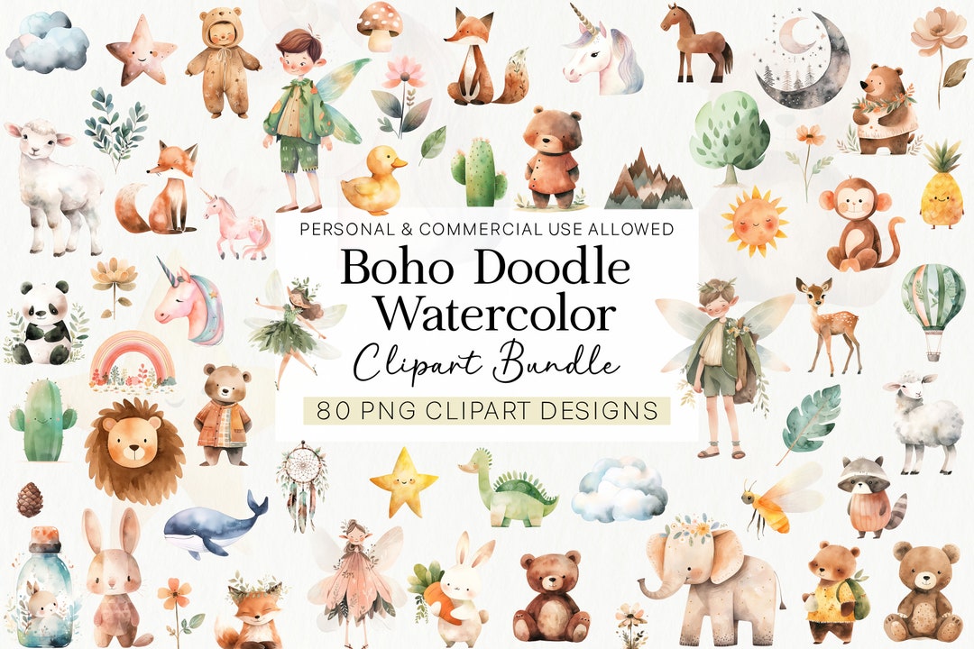Boho Doodle Baby Watercolor Clipart Bundle, Nursery Animal Clip Art ...