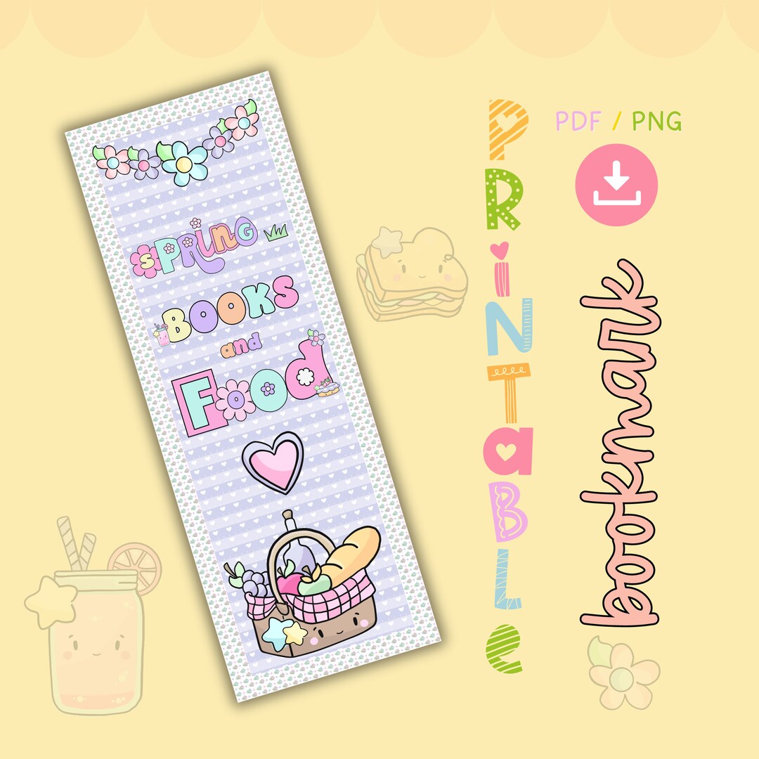 Spring Picnic Digital Bookmark, Food Bookmark, Cute Stationery, Book ...