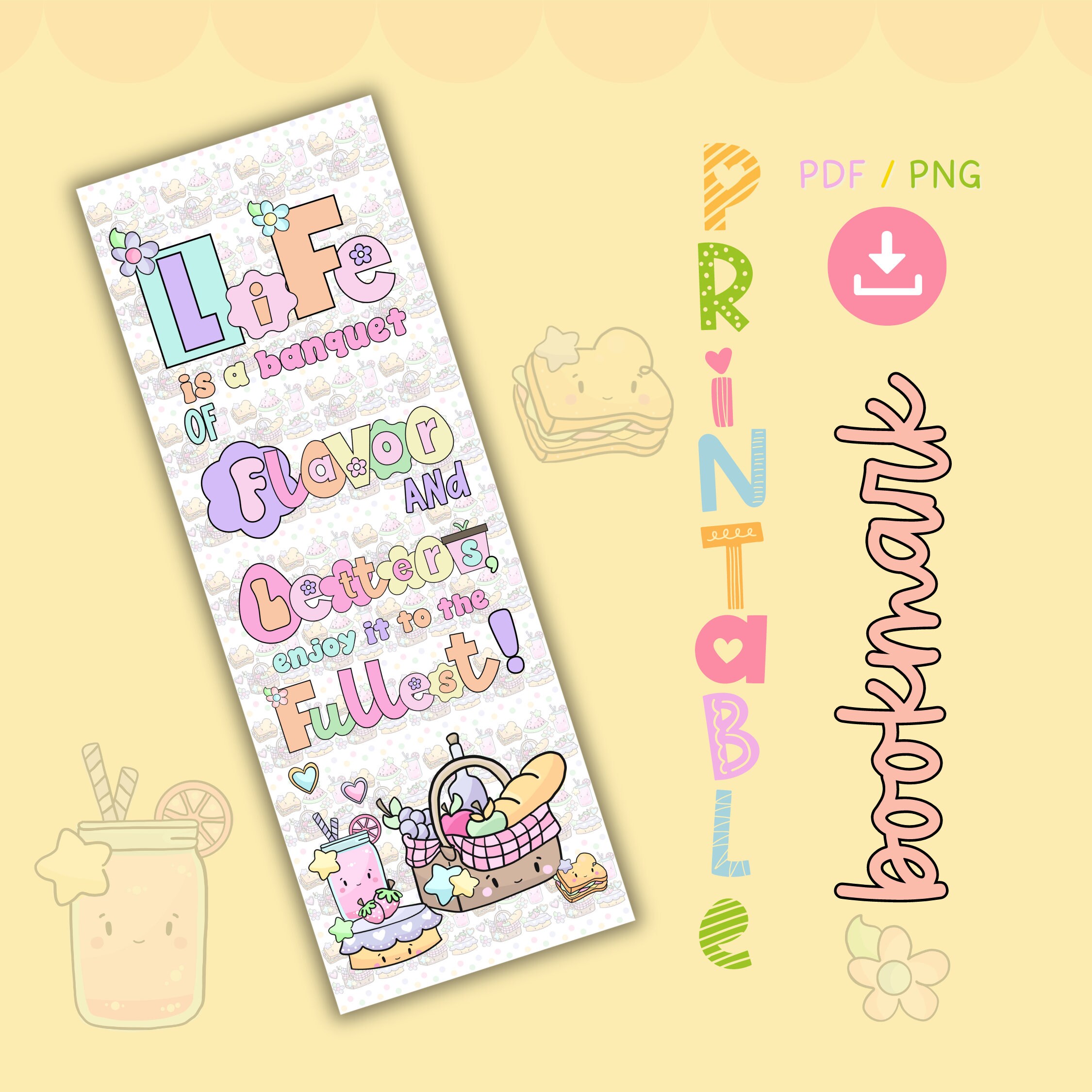 Kawaii Picnic Digital Bookmark, Cute Bookmarks, Food Bookmark ...