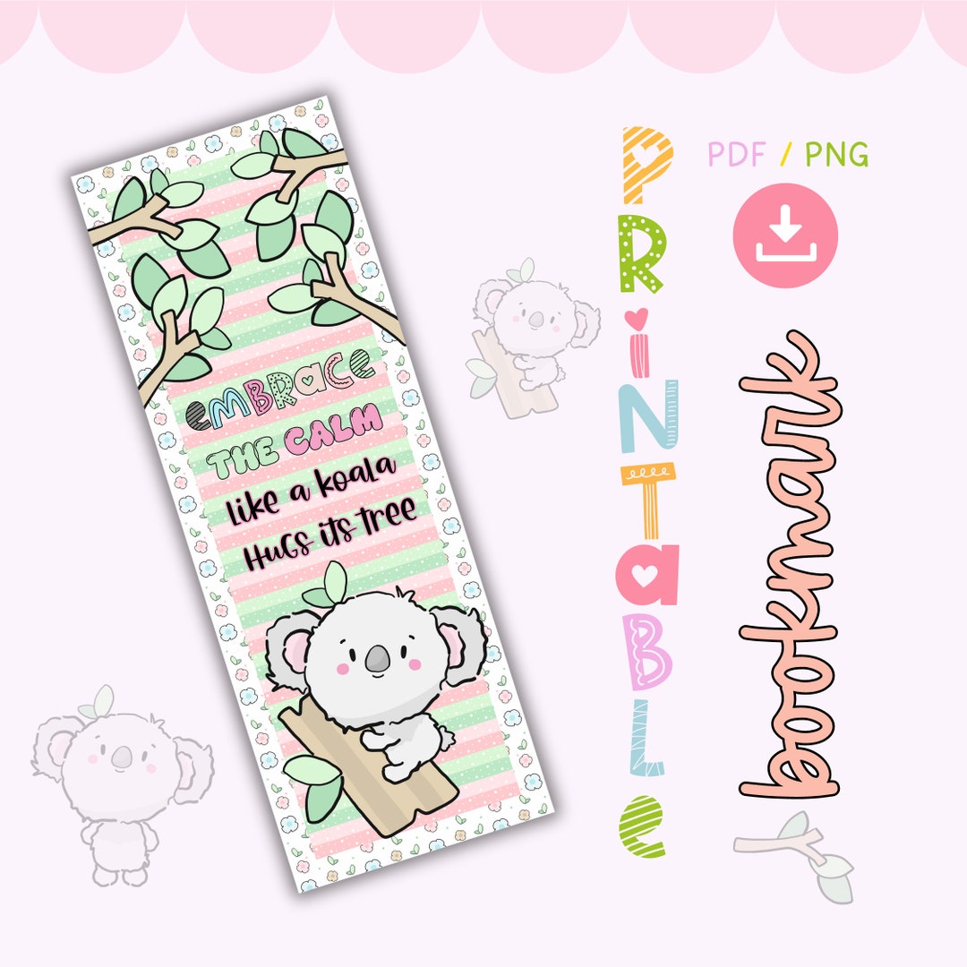 Digital Bookmark "embrace the Calm", Koala, Green Pink, PDF/PNG ...
