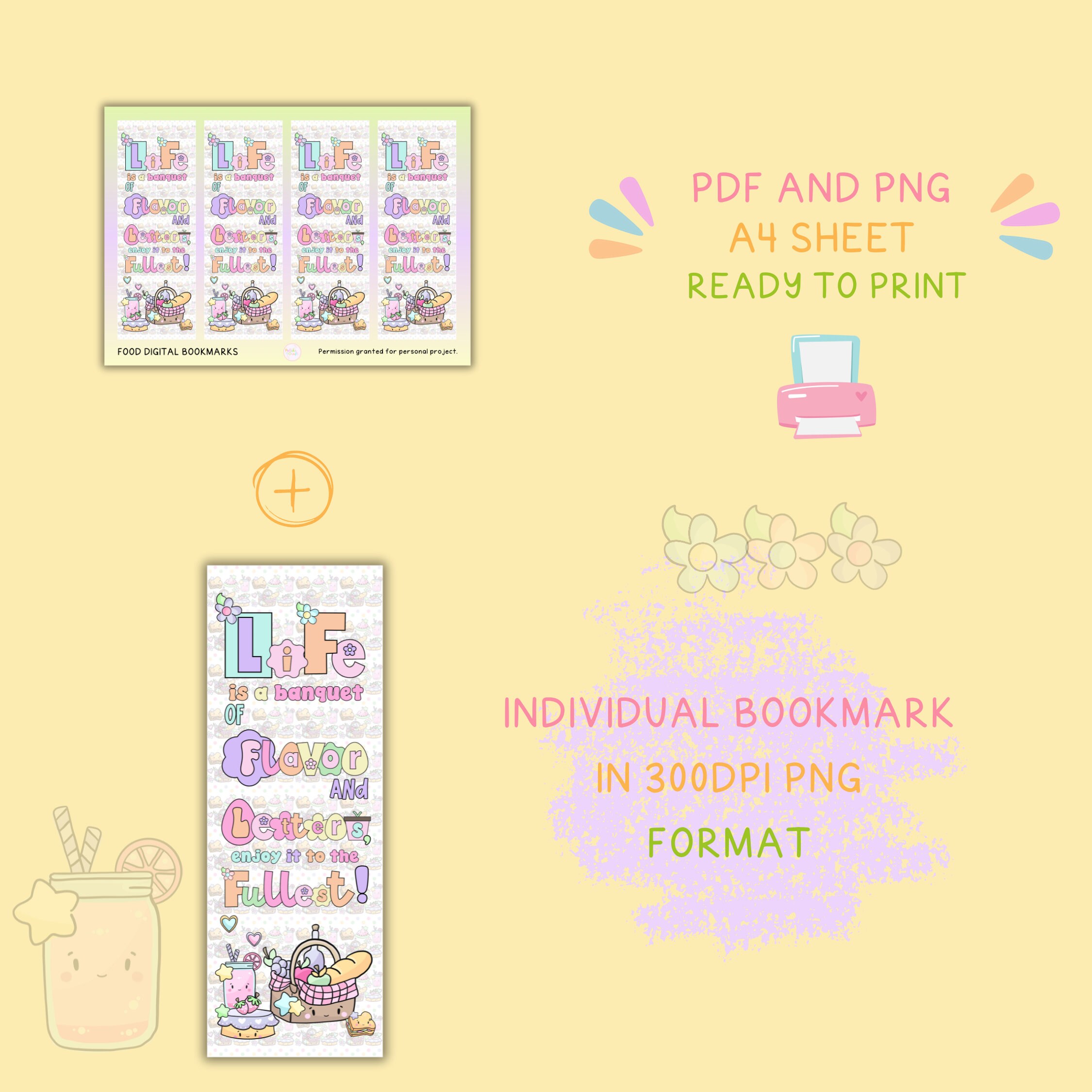 Kawaii Picnic Digital Bookmark, Cute Bookmarks, Food Bookmark ...