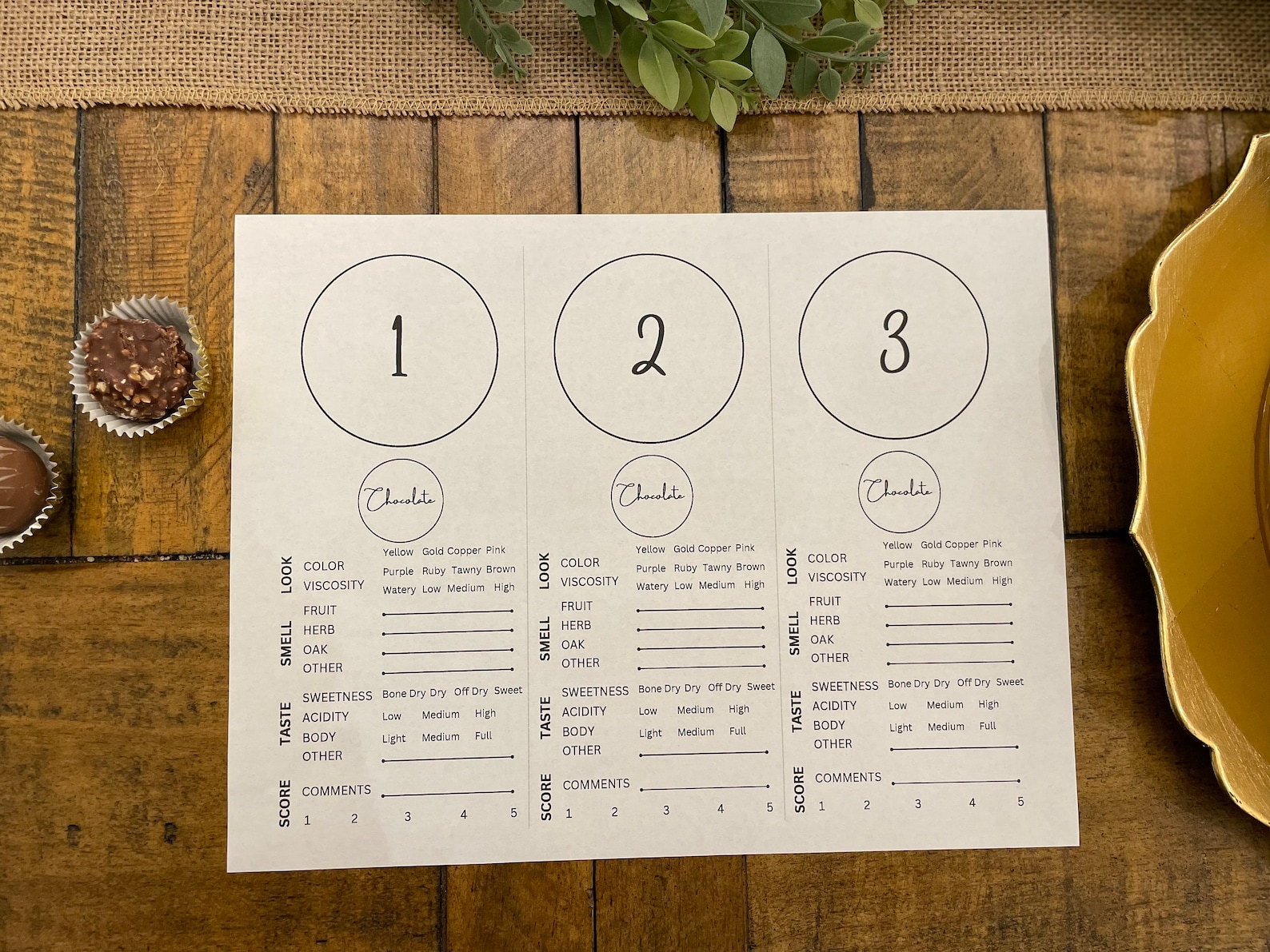 Wine Tasting Placemat. Blind Tasting. 6 Wines. Wine and Chocolate ...