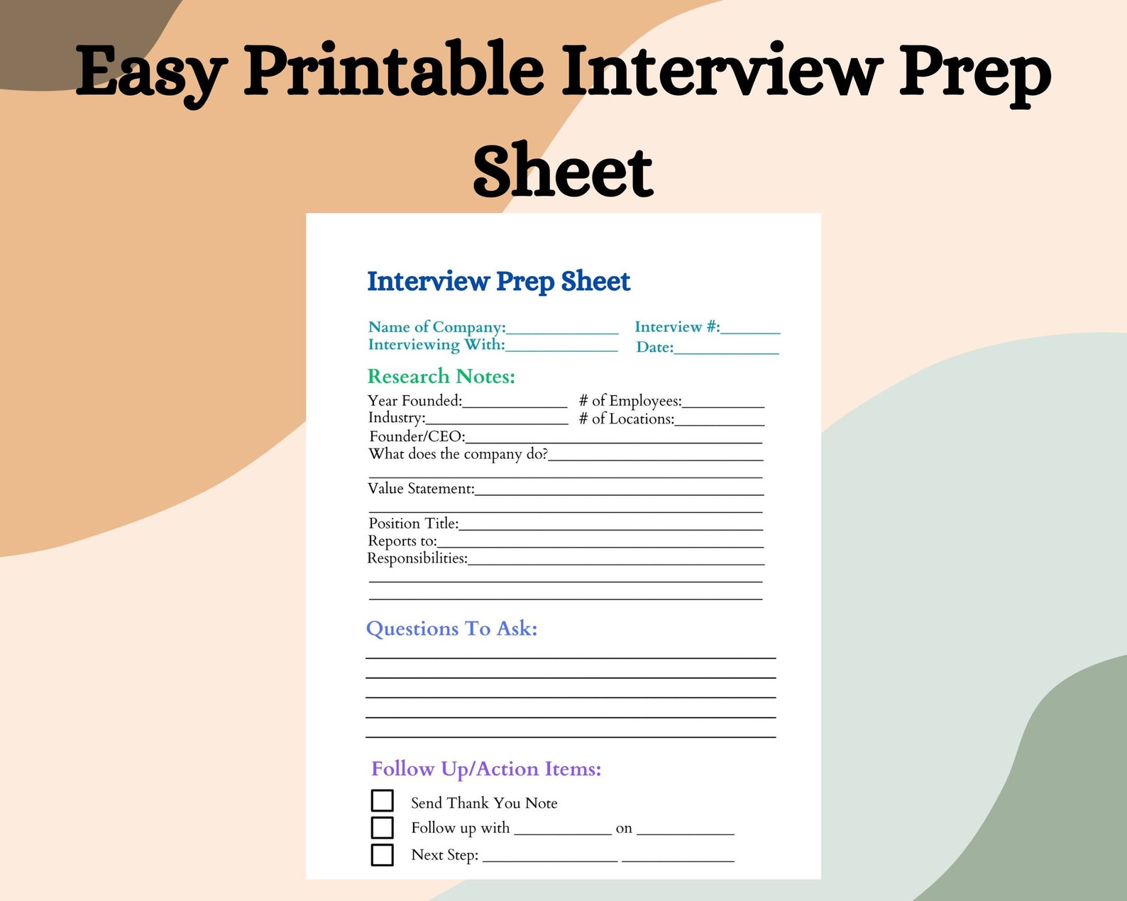 Printable Planner - Interview Prep Sheet - Work Organizer - Interview ...