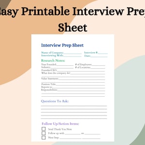 Printable Planner - Interview Prep Sheet - Work Organizer - Interview ...