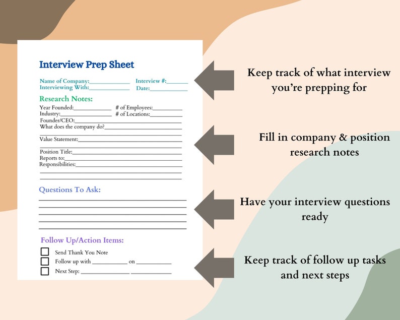 Printable Planner - Interview Prep Sheet - Work Organizer - Interview ...