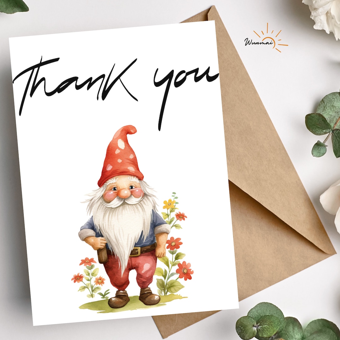 Gnomes Thank You Card Watercolor Print 5x7 Thank You Card Thank You ...