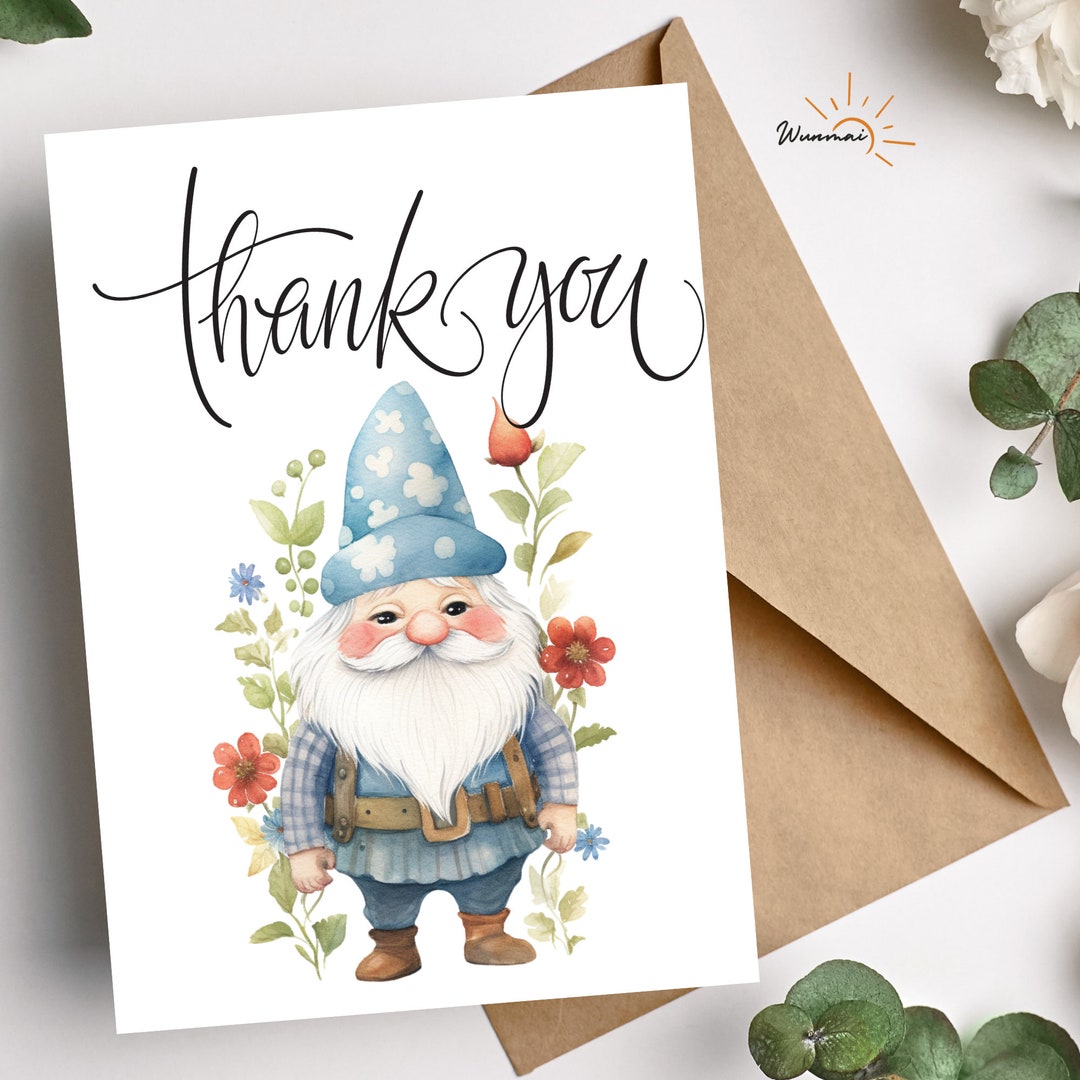 Gnomes Thank You Card Ready to Print Watercolor Thank You Card ...