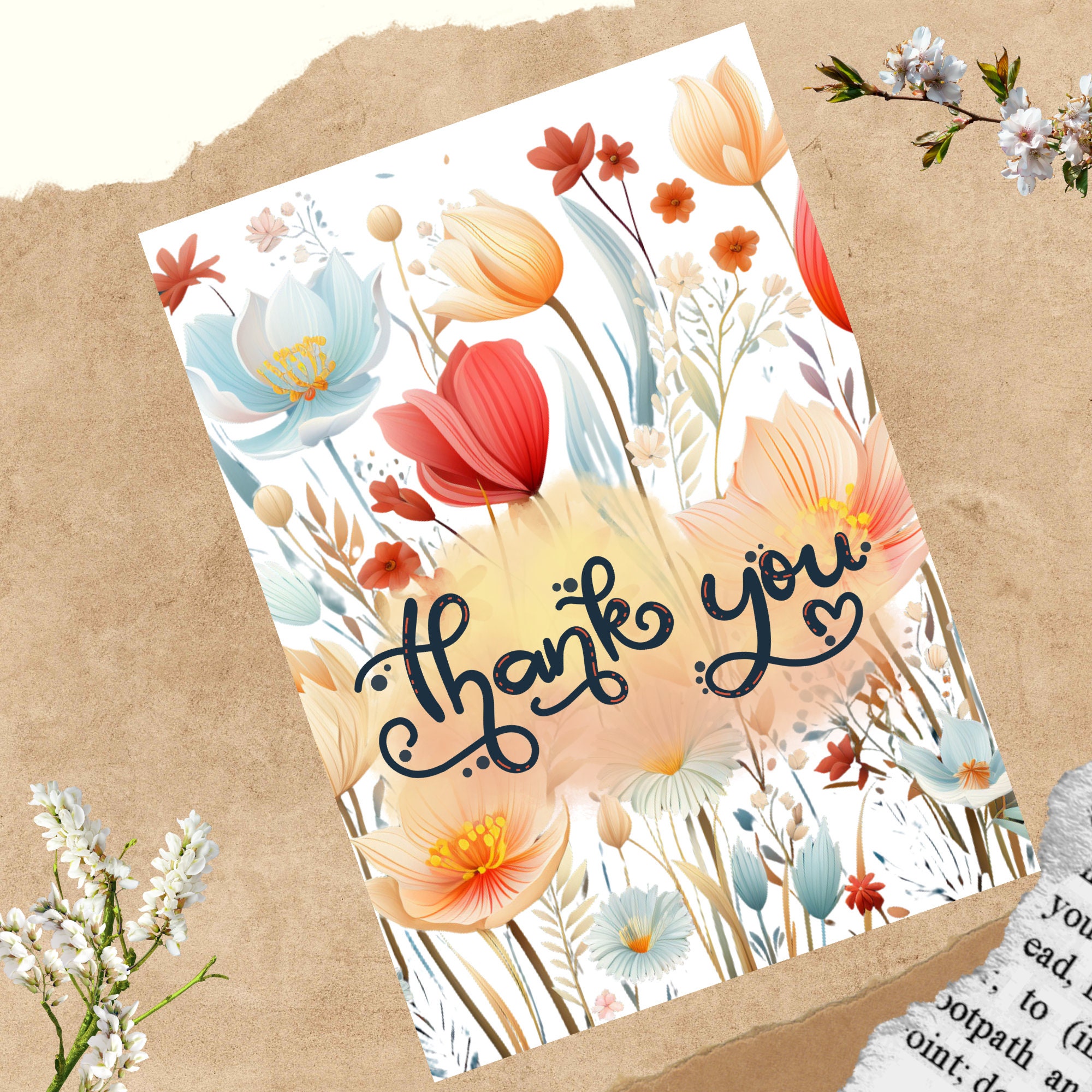 Printable Thank You Cards Floral Thank You Cards Print at Home Thank ...