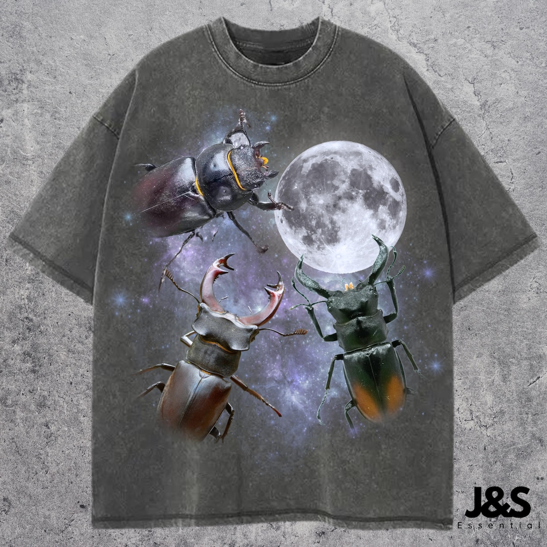 Three Stag Beetle Retro Moon Graphic T-shirts, Vintage Beetle Moon Meme Tshirt, Insect Lovers ...