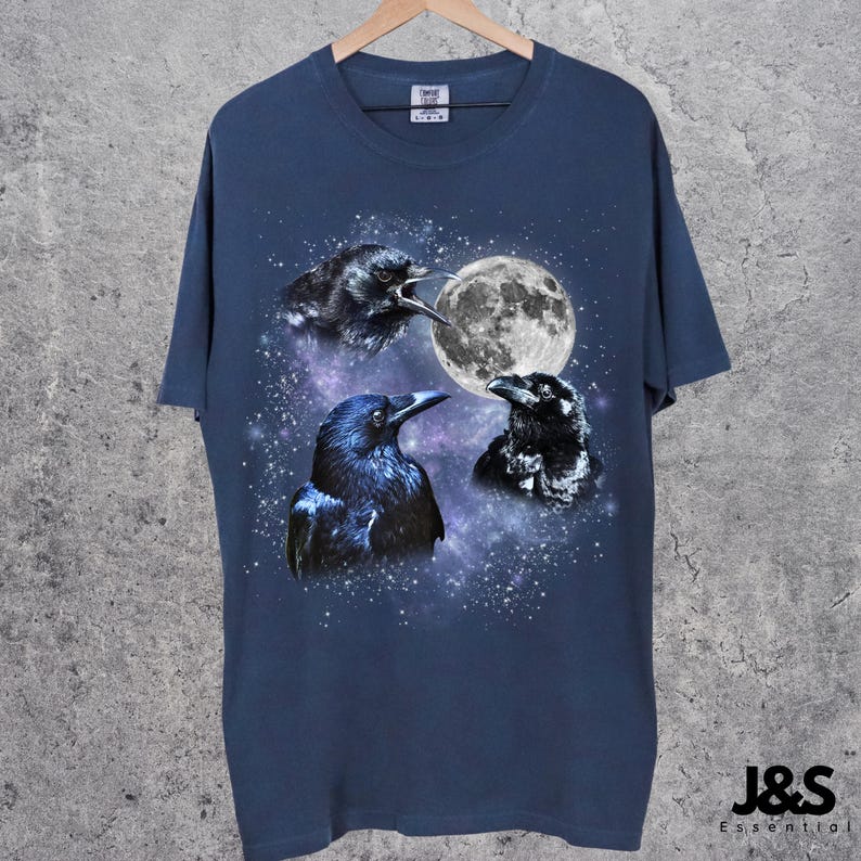 Three Raven Retro Graphic T-shirts, Vintage Raven Moon Tshirt, Raven ...