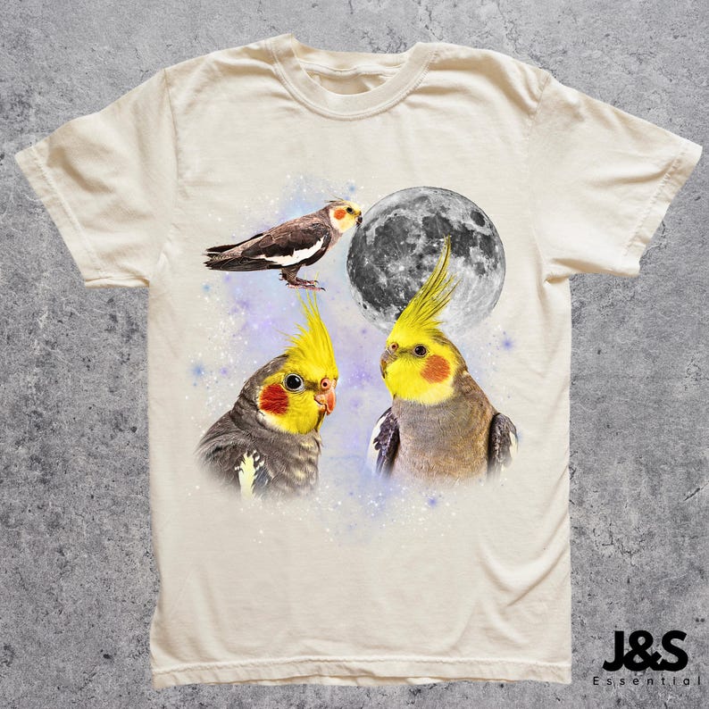 Three Cockatiel Retro Graphic T-shirts, Funny Bird Moon Tee, Parrot ...
