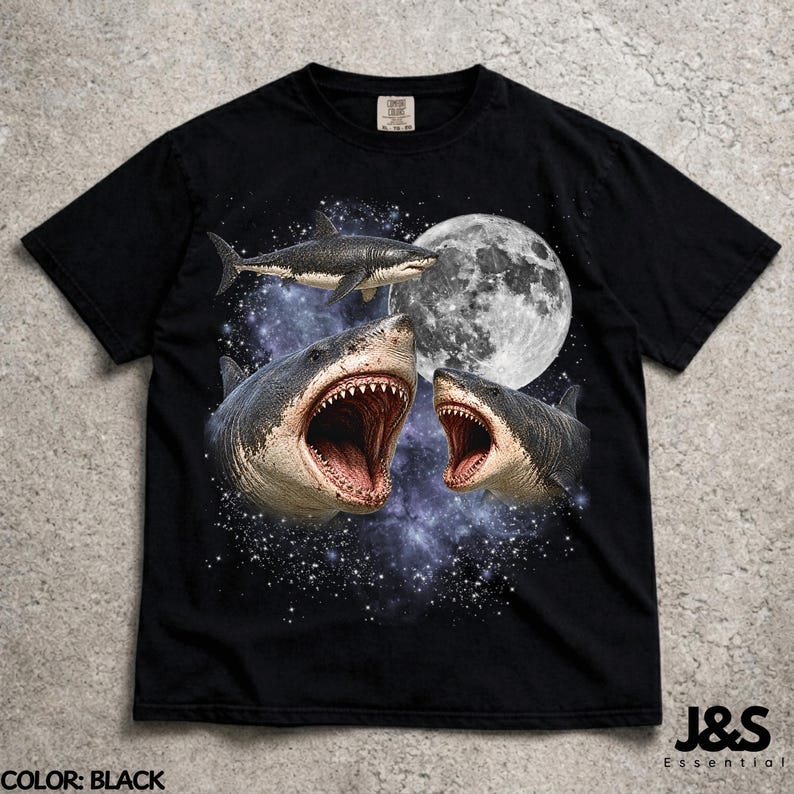 Three Megalodon Moon Shirt, Ancient Shark Tee, Funny Megalodon Galaxy ...