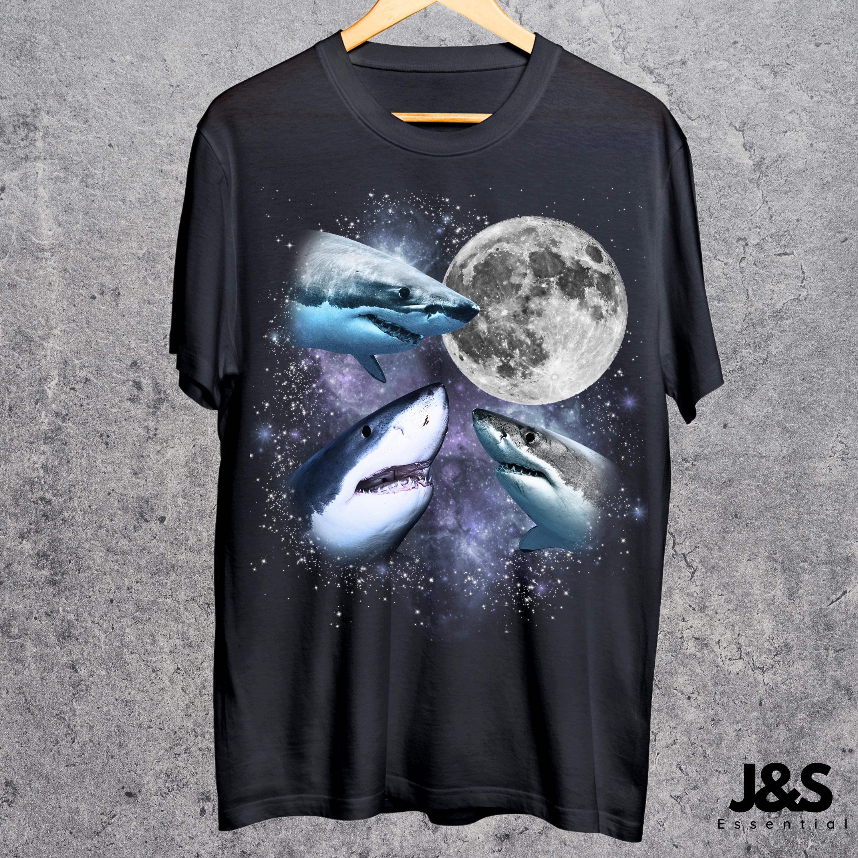 Three Sharks Vintage Graphic T-shirts, Retro Shark Moon Tshirt, Skark ...