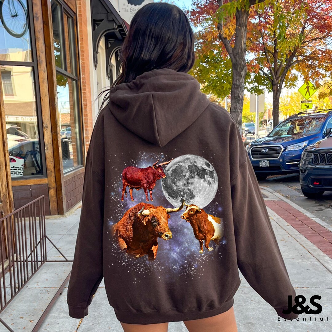 Three Bull Moon Hoodie, Funny Galaxy Bull Sweatshirt, Unique Farm ...