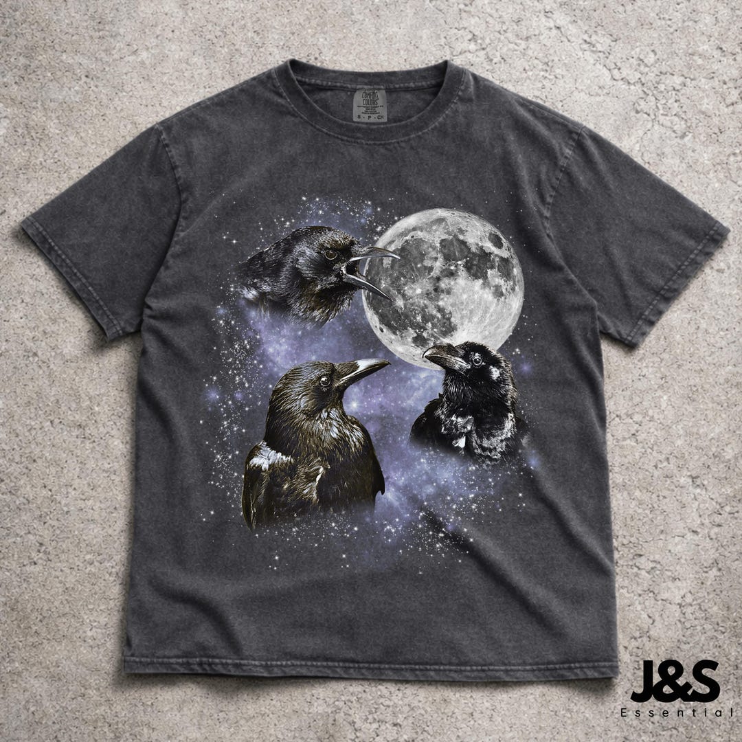 Three Raven Retro Graphic T-shirts, Vintage Raven Moon Tshirt, Raven ...