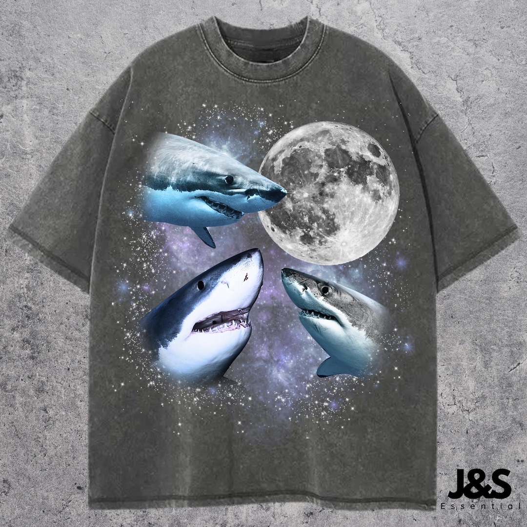 Three Sharks Vintage Graphic T-shirts, Retro Shark Moon Tshirt, Skark ...