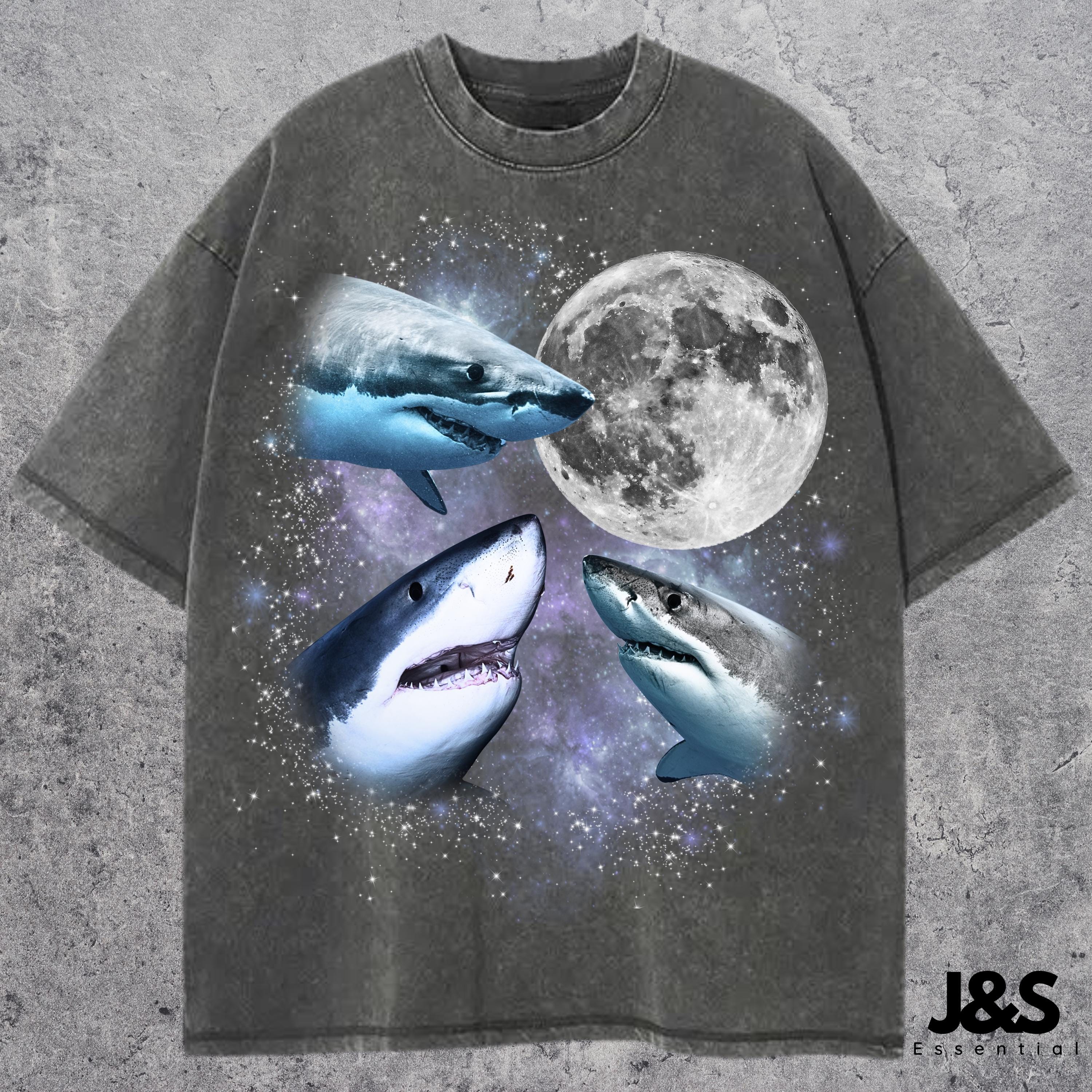 Three Sharks Vintage Graphic T-shirts, Retro Shark Moon Tshirt, Skark ...
