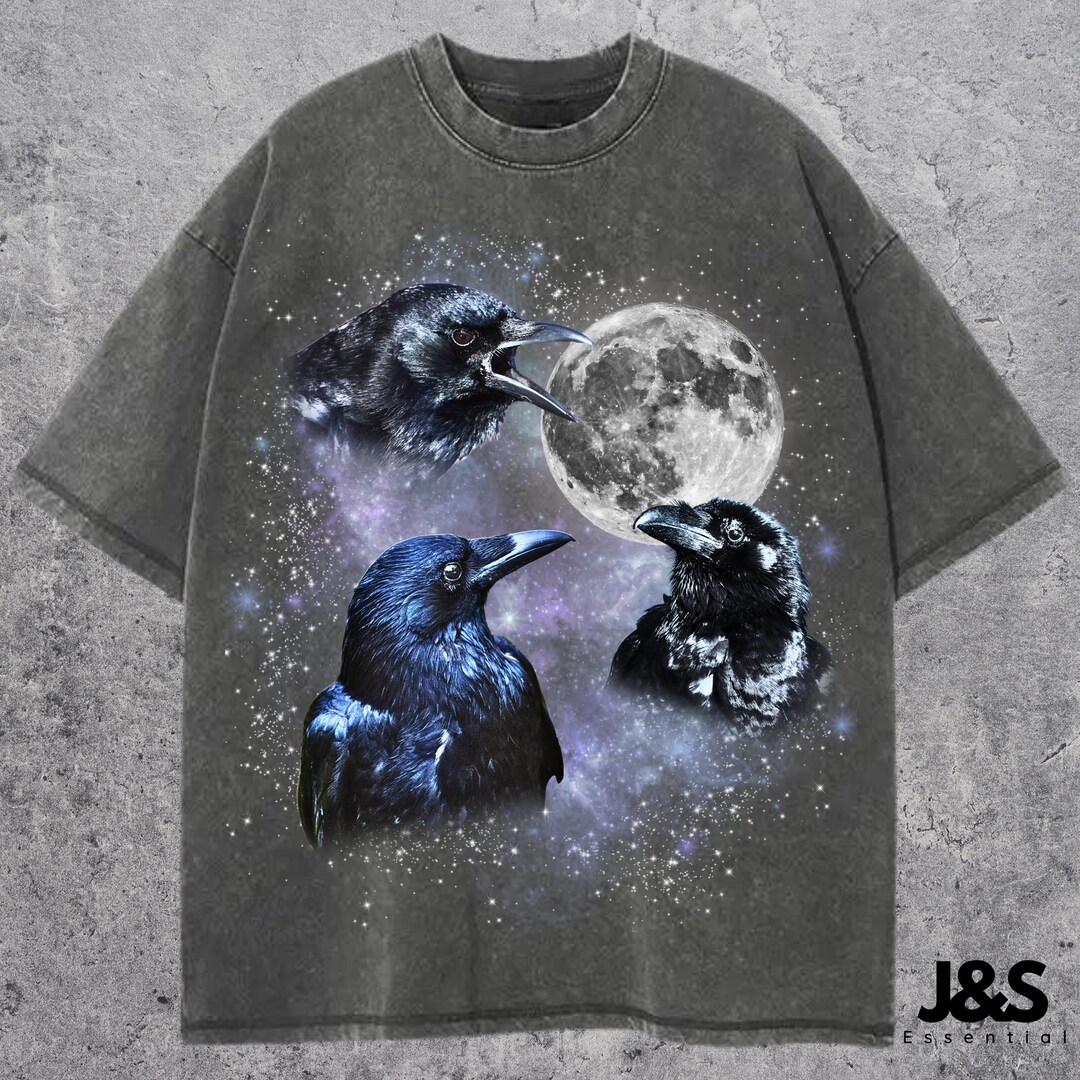 Three Raven Retro Graphic T-shirts, Vintage Raven Moon Tshirt, Raven ...