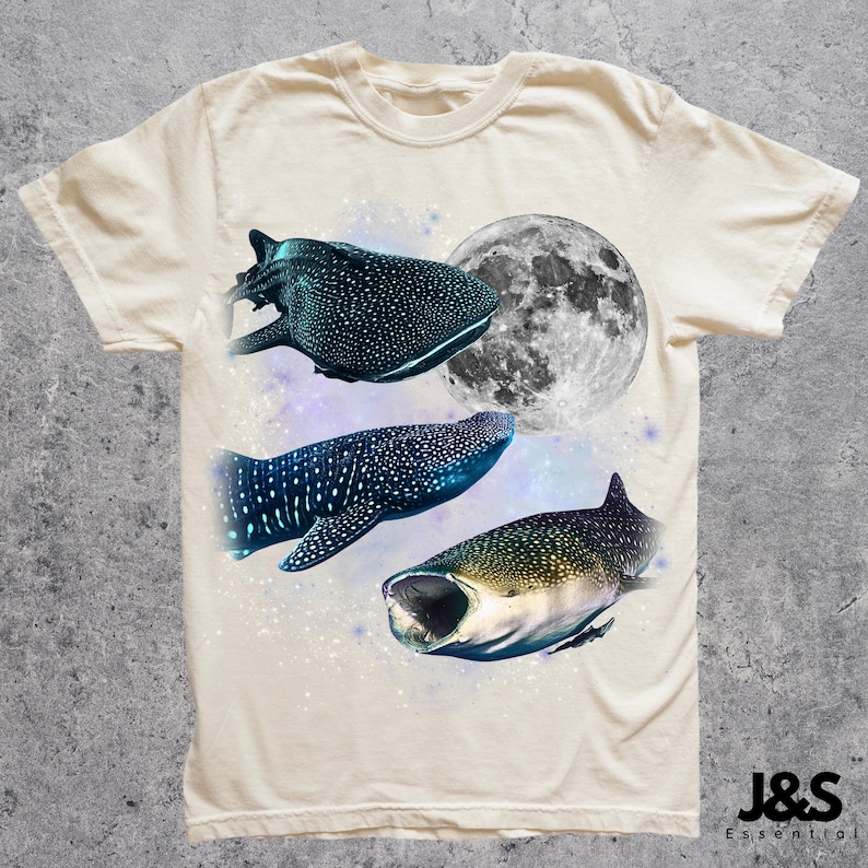 Three Whale Shark Retro Graphic T-shirts, Vintage Sea Creature Moon ...