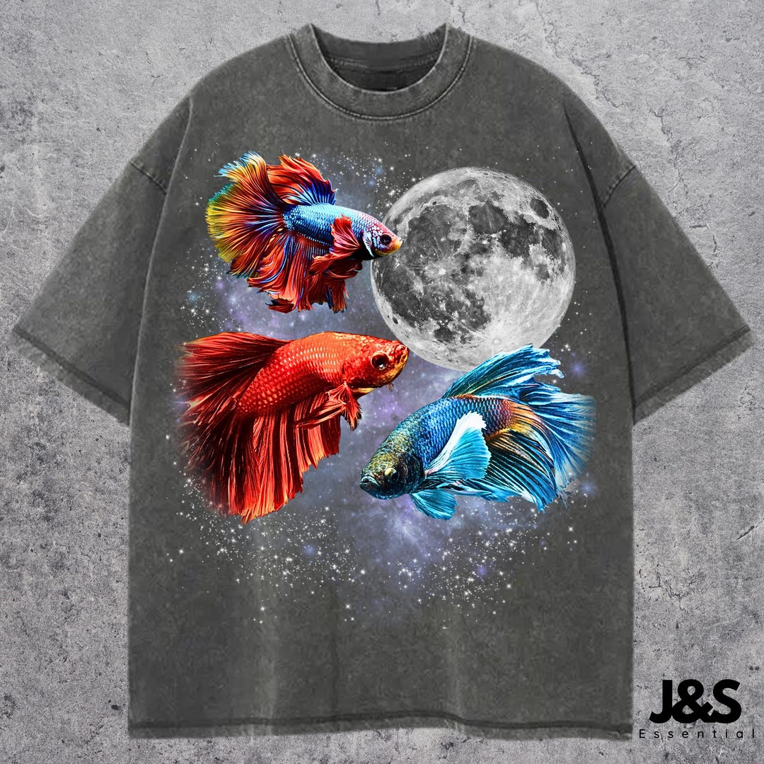 Three Betta Fish Retro Graphic T-shirts, Vintage Fighting Fish Moon ...
