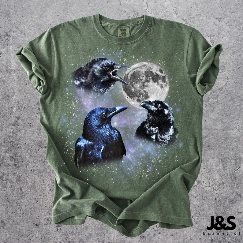 Three Raven Retro Graphic T-shirts, Vintage Raven Moon Tshirt, Raven ...