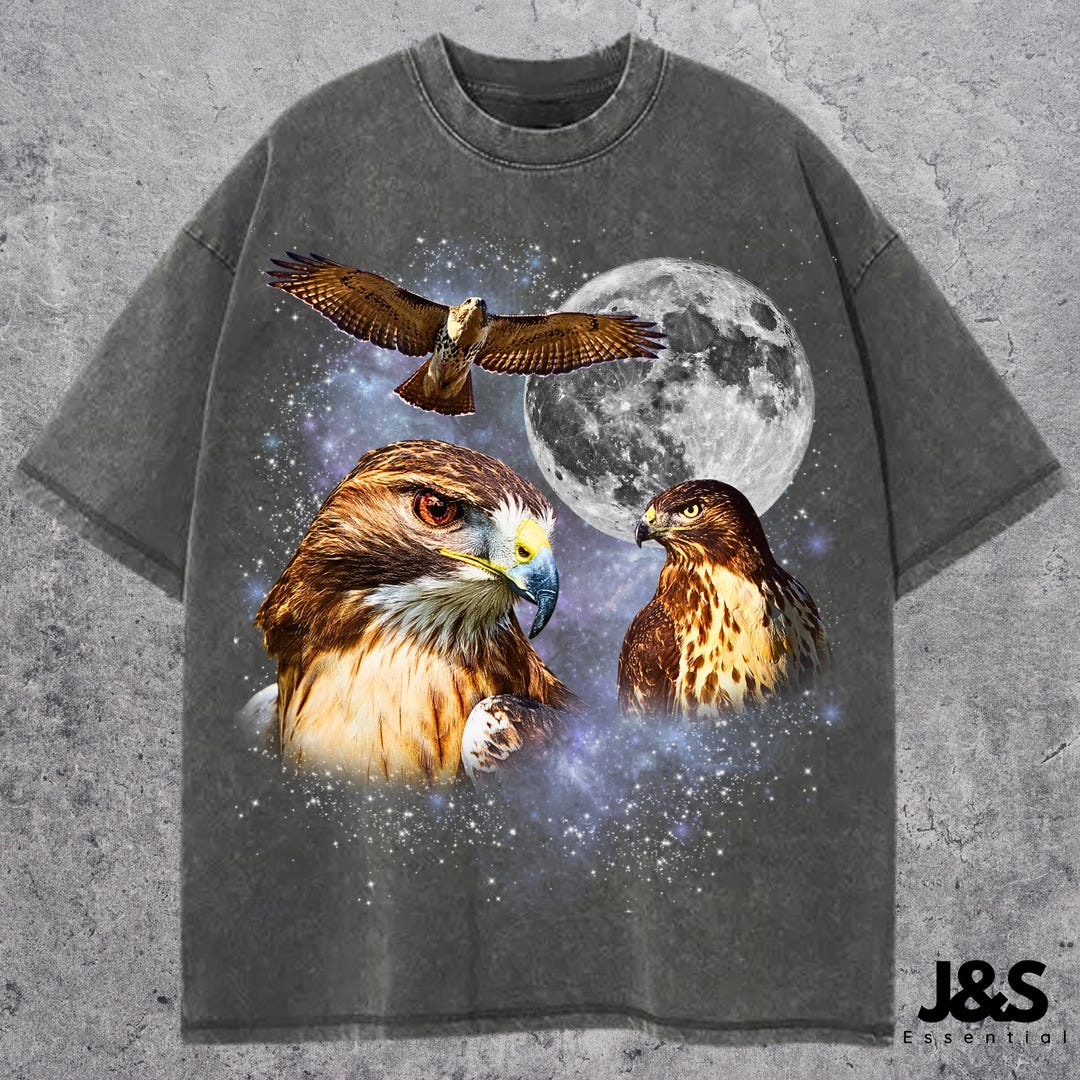 Three Red Tailed Hawk Retro Graphic T-shirts, Vintage Hawk Moon Tshirt ...