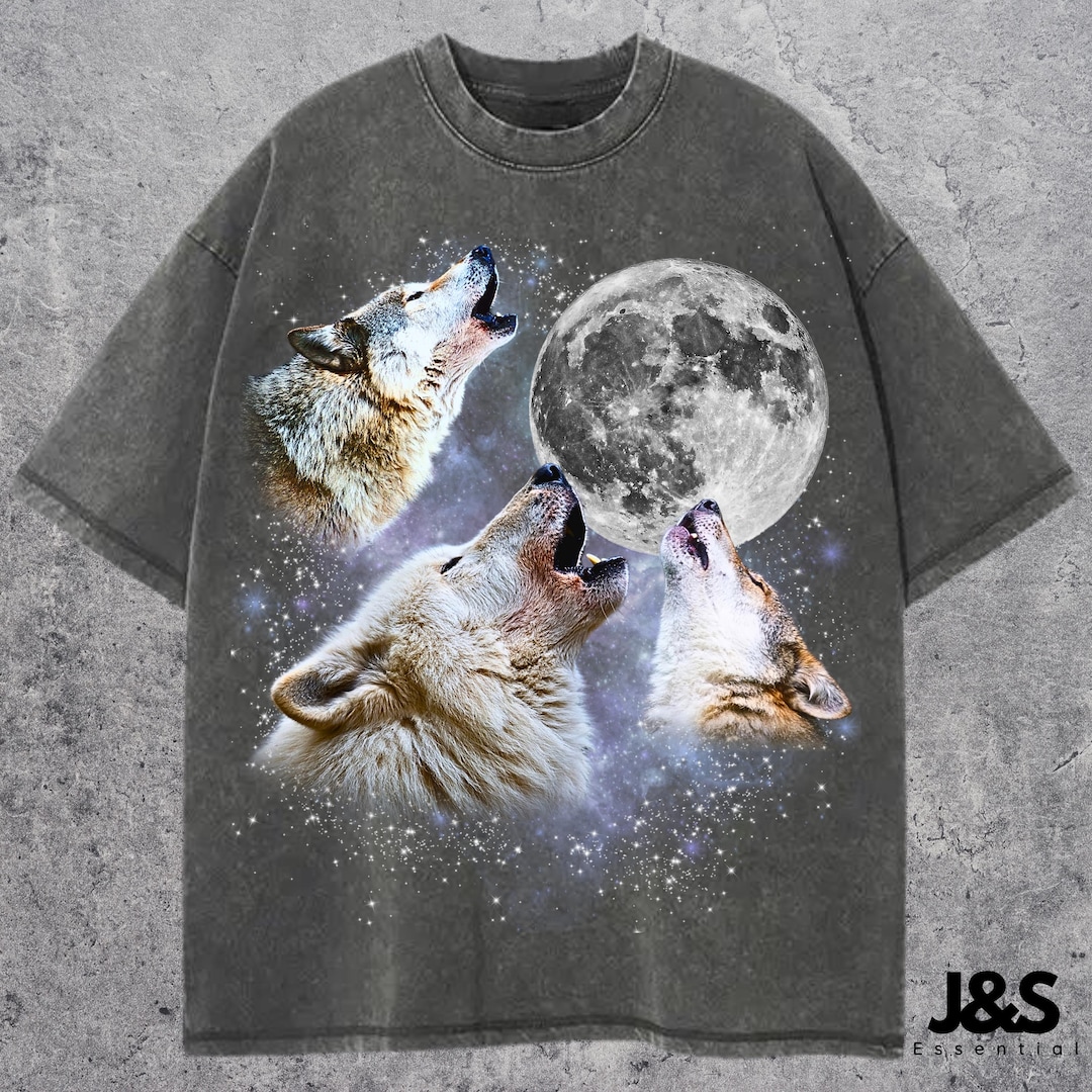 Three Wolves Graphic T-shirts, Vintage Wolves Moon Tshirt, Wolf Shirt ...